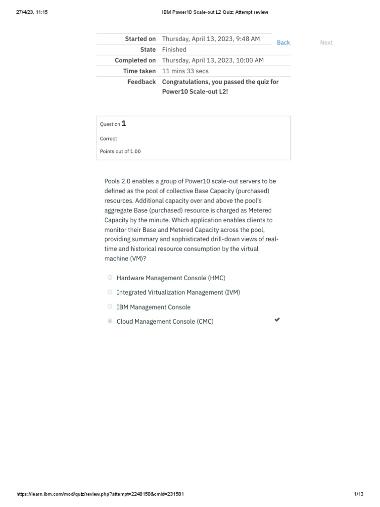 IBM Power10 Scale-Out L2 Quiz - Attempt Review | PDF | Cloud Computing | Scalability
