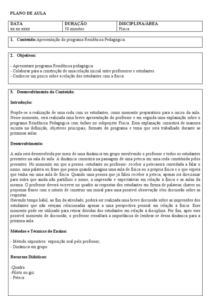Plano de Aula (Aula 01) | PDF | Pedagogia | Física Plano de Aula (Aula 01) | PDF | Pedagogia | Física
