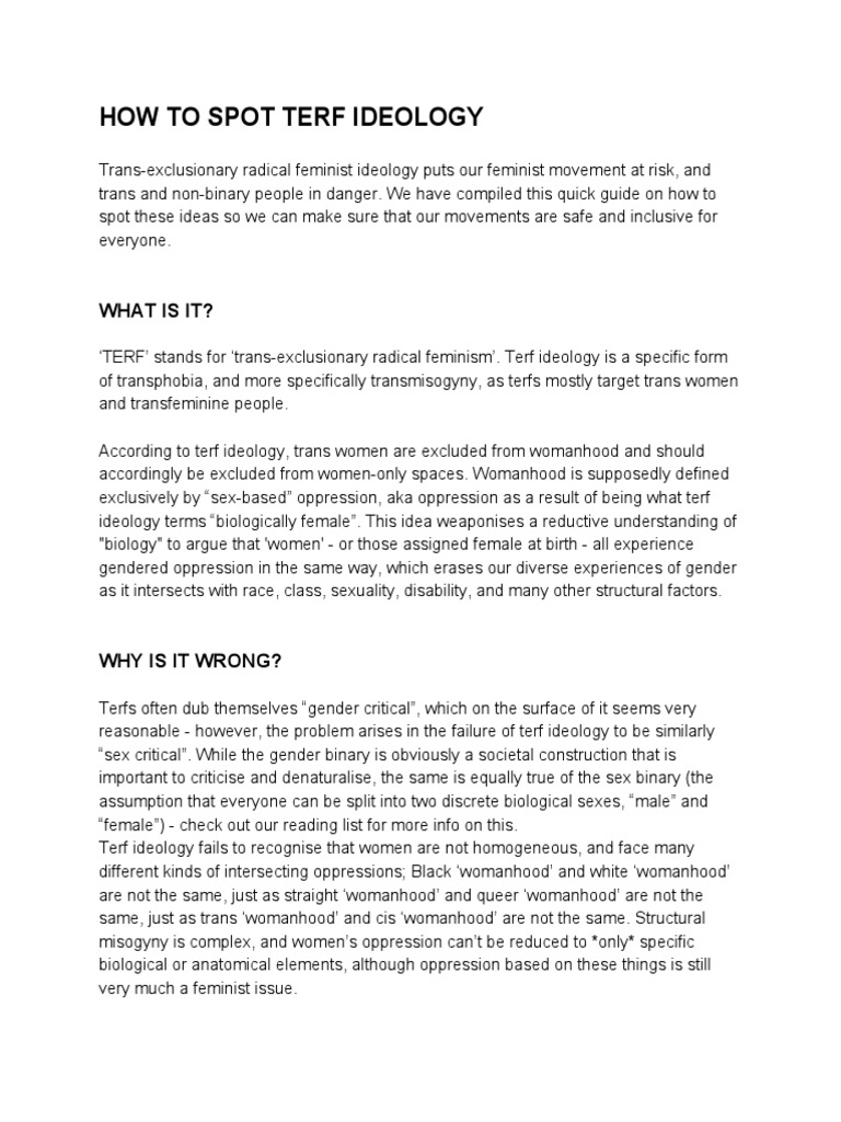 How To Spot Terf Ideology Text Only | PDF | Gender Studies | Feminism