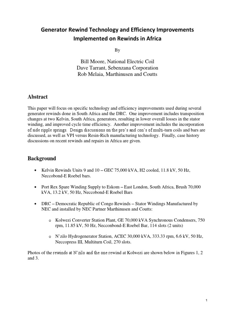 Generator Rewind Technology And Efficiency Improvements Implemented On