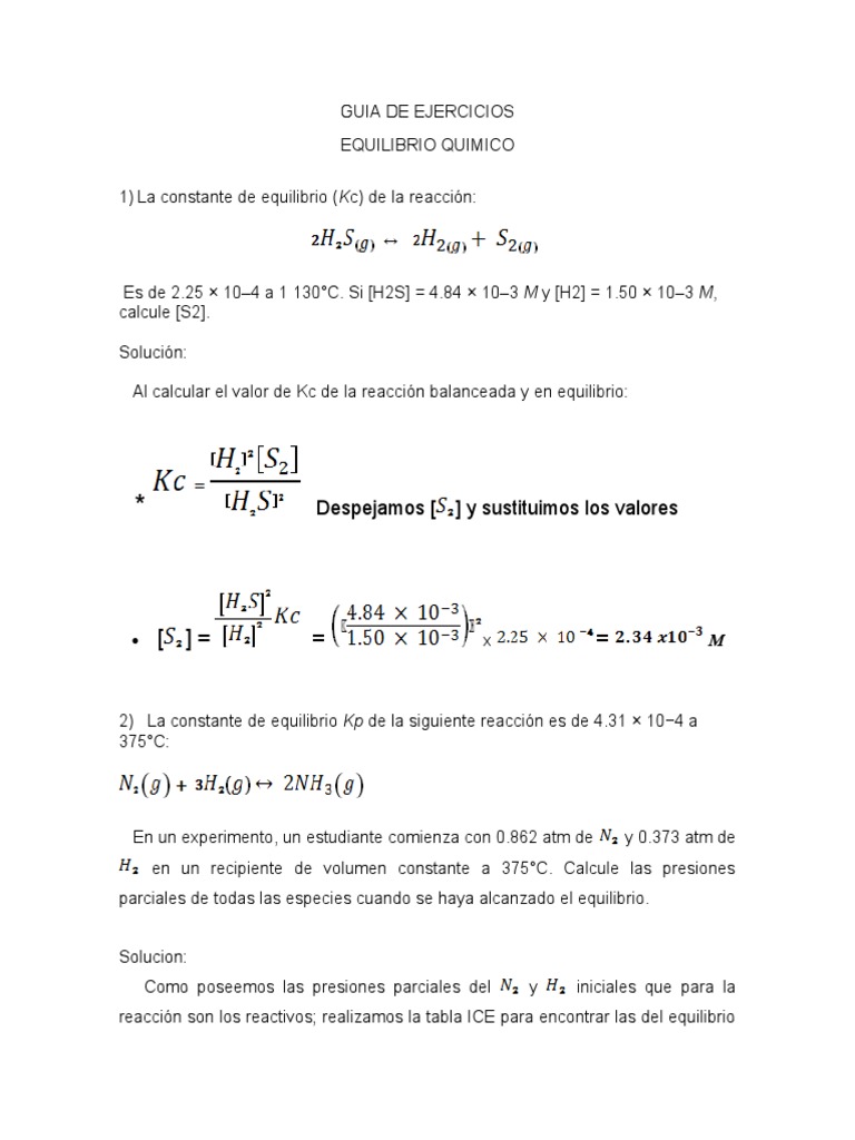 GUIA DE EJERCICIOS Equilibrio Quimico | PDF | Equilibrio químico | Reacciones químicas