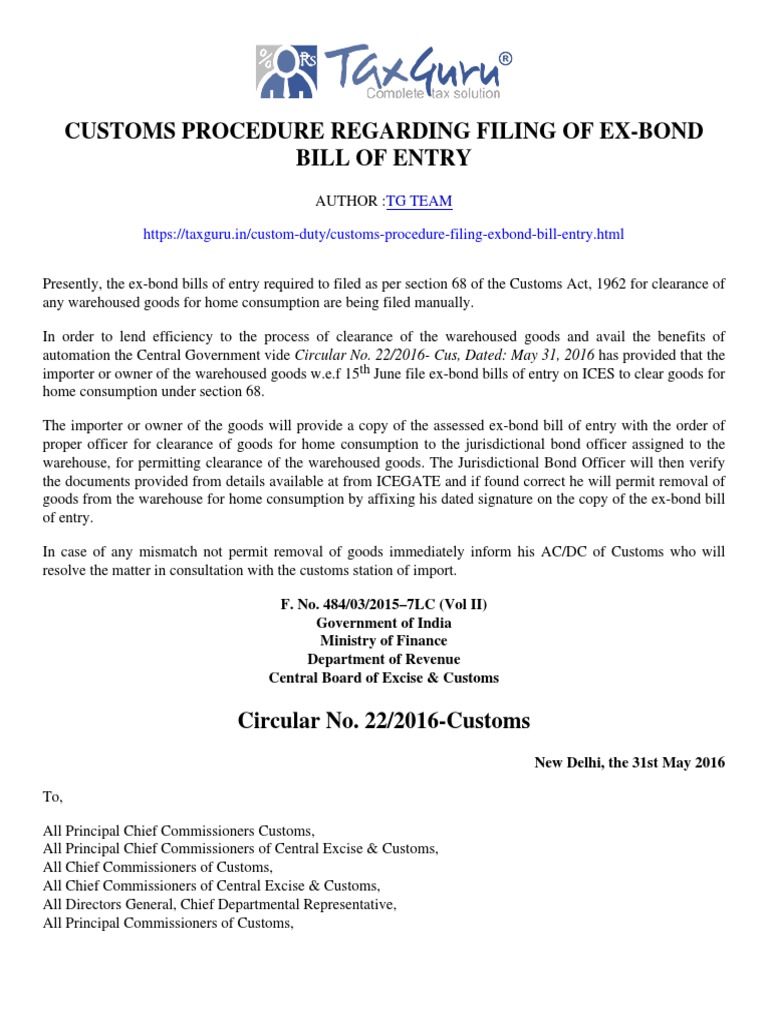 Customs Procedure Regarding Filing of Ex-Bond Bill of Entry - Taxguru - in | PDF | Warehouse ...