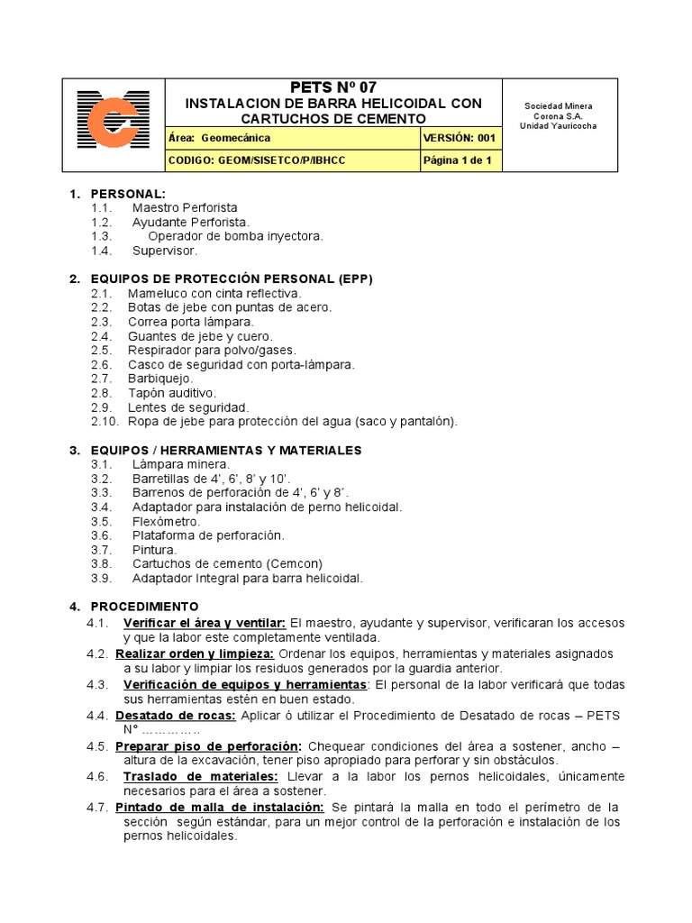 Pets #7 Instalacion de Barra Helicoydal | PDF | Perforación | Herramientas de corte