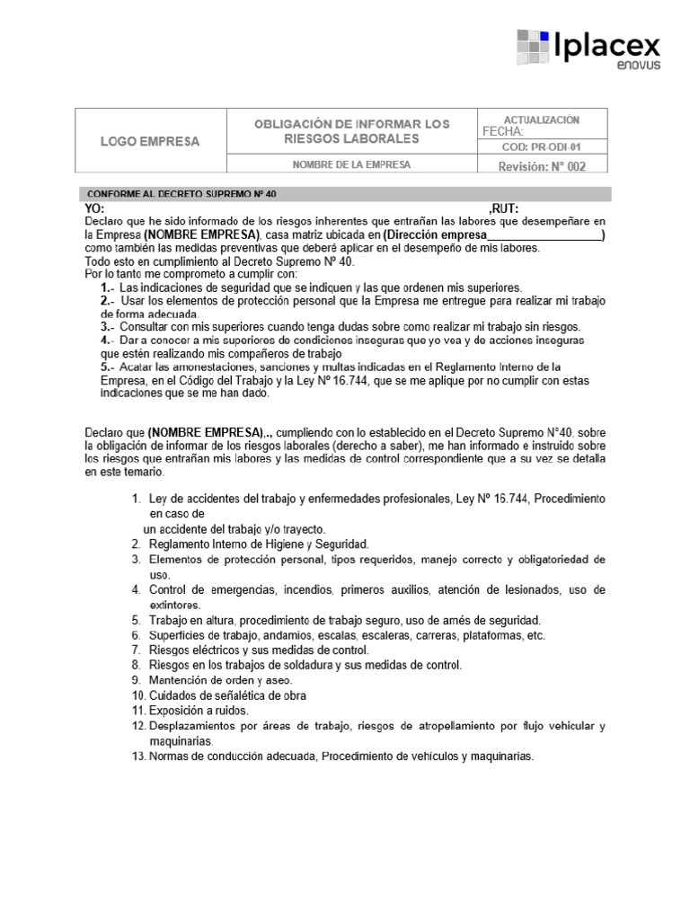 Formato de Obligación de Informar Riesgos Laborales | PDF