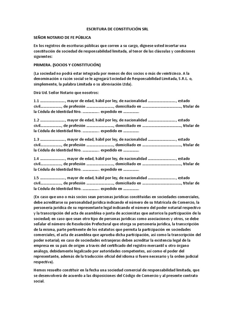 Escritura De Constitución Srl Pdf Sociedad De Responsabilidad
