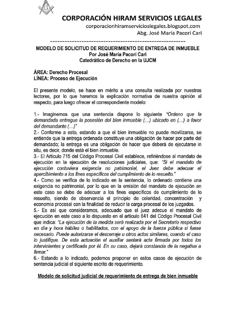 Modelo de Solicitud Judicial de Requerimiento de Entrega de Inmueble | PDF Modelo de Solicitud Judicial de Requerimiento de Entrega de Inmueble | PDF