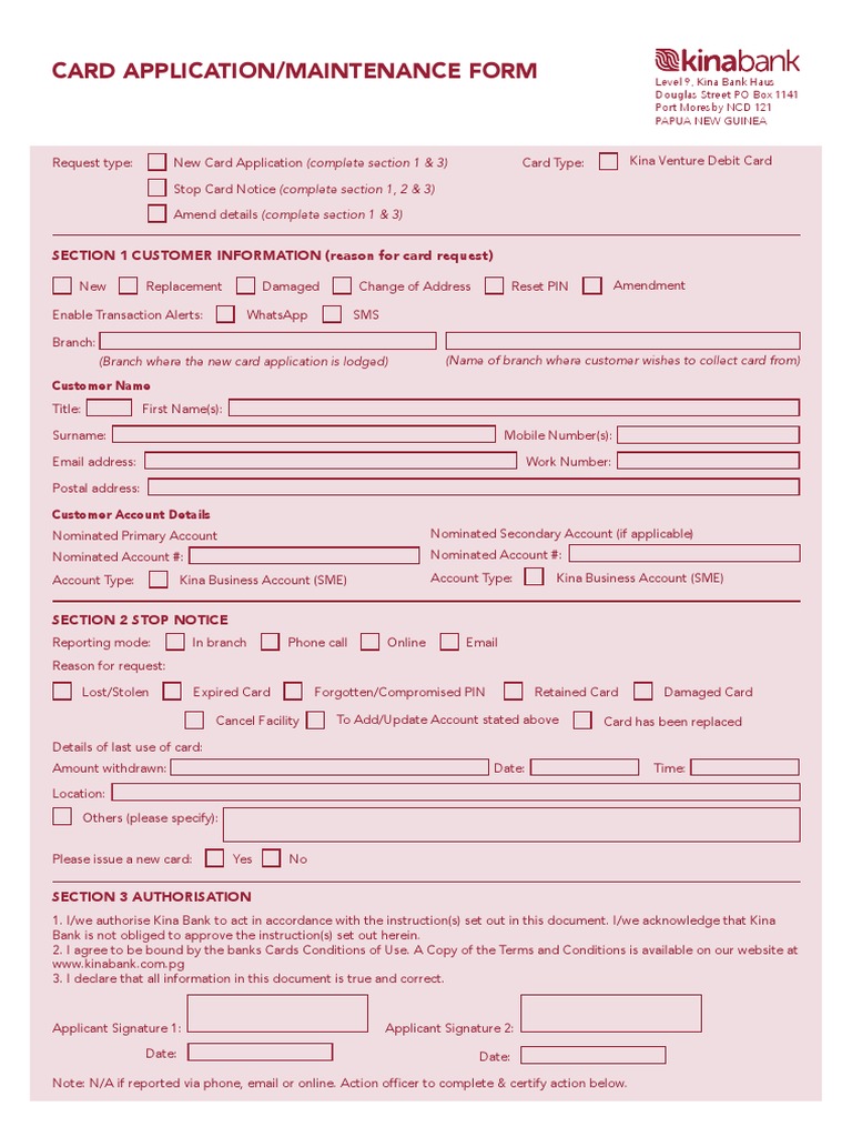 Kina Bank Card Application Form | PDF | Debit Card | Banks