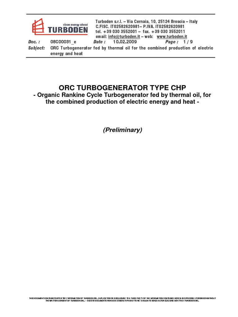 Orc Turbogenerator Type Chp Organic Rankine Cycle Turbogenerator Fed By Thermal Oil For The