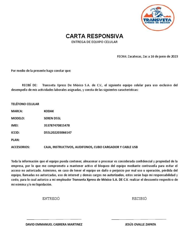 Carta Responsiva Celular | PDF