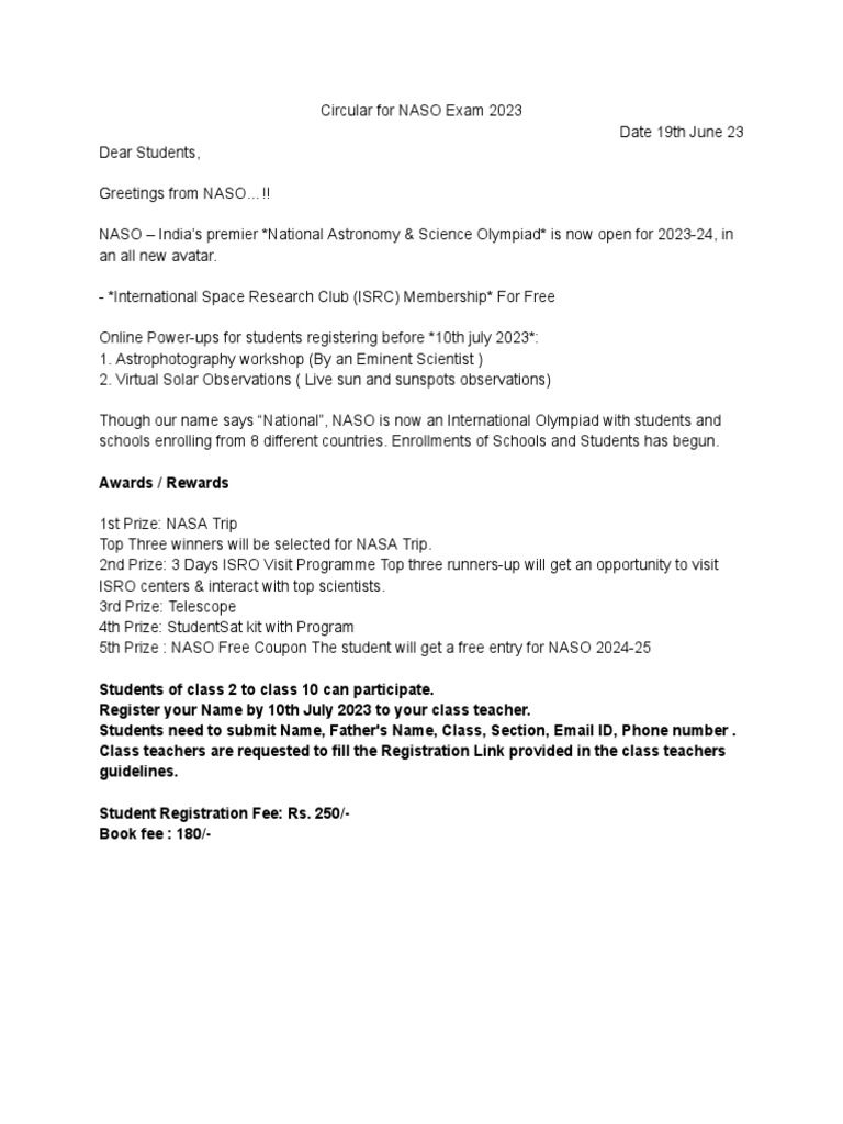 Circular For NASO Exam | PDF