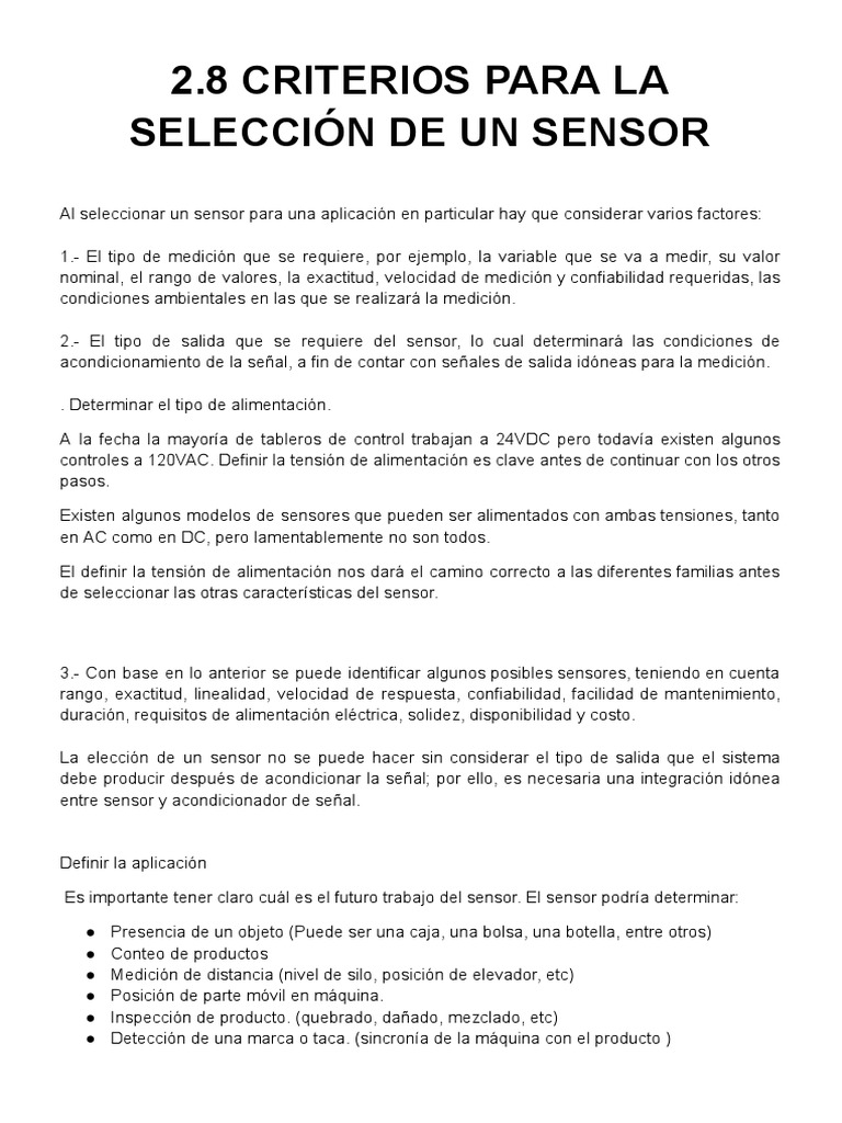 2.8 (2) Criterios para Seleccion de Un Sensor | PDF | Sensor | Ingeniería de confiabilidad