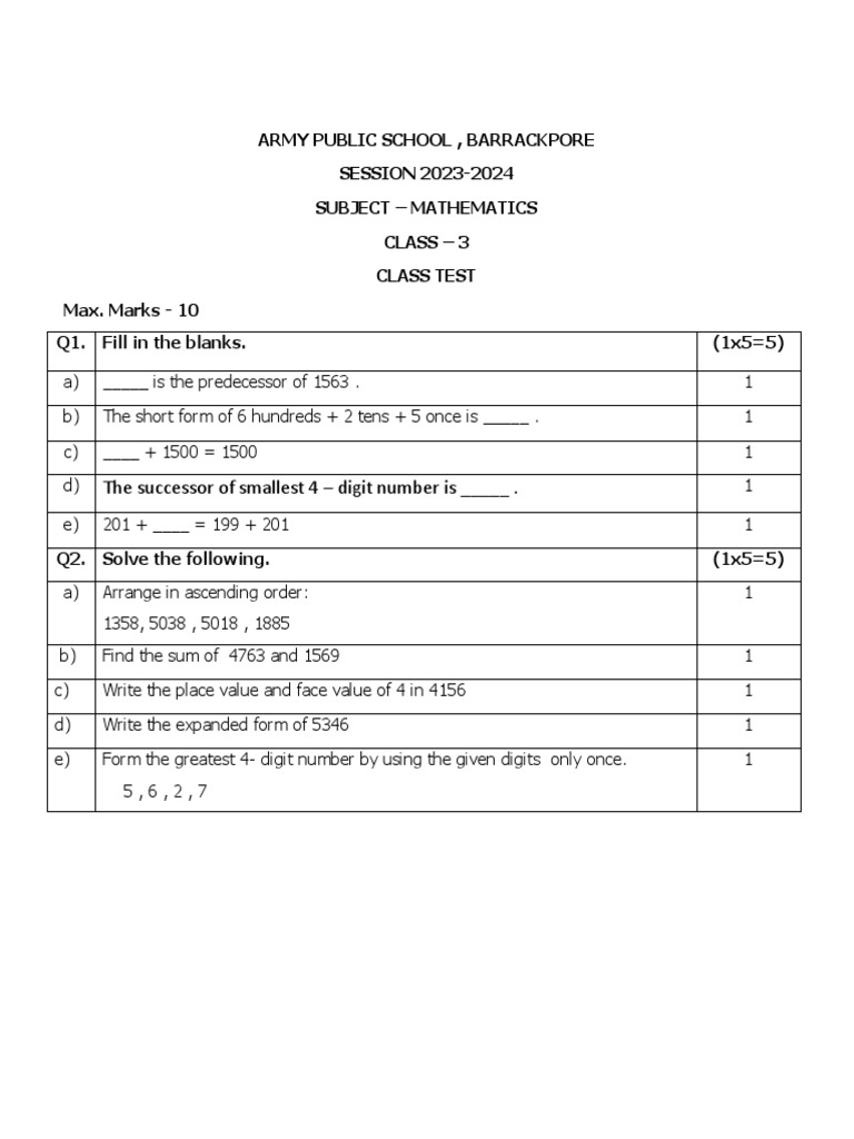 Maths cl3 Class Test | PDF