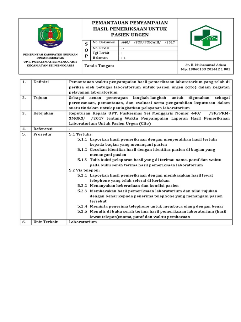 15) 8.1.3 Sop Pemantauan Penyampaian Hasil Pemeriksaan Laboratorium ...