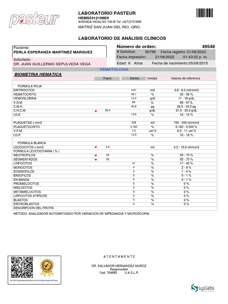 Laboratorio Pasteur: Biometria Hematica | PDF | Inmunología | Histología
