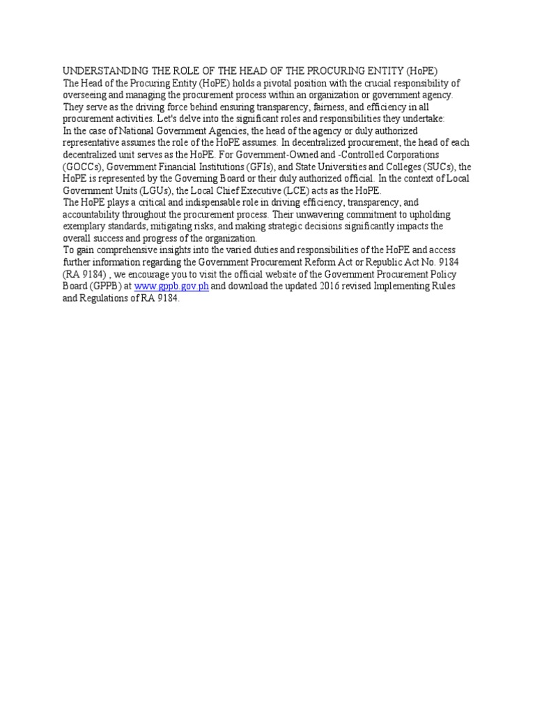 Understanding The Role of The Head of The Procuring Entity | PDF