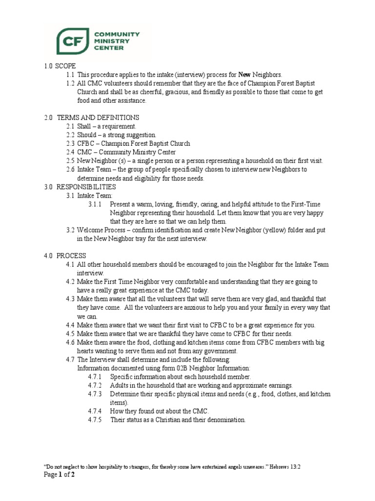 03 NEW NEIGHBOR INTAKE TEAM PROCESS PROCEDURE Rev 0 | PDF