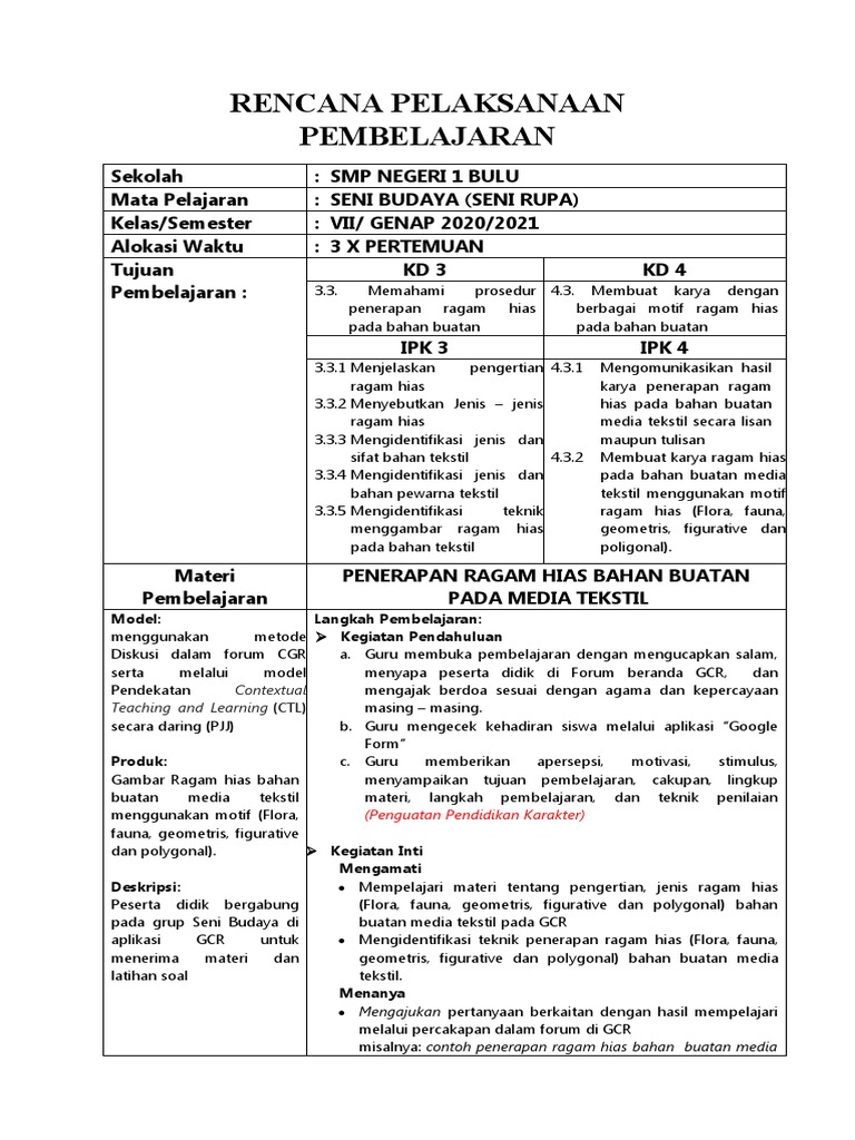 RPP Seni Rupa Ragam Hias Buatan Tekstil | PDF