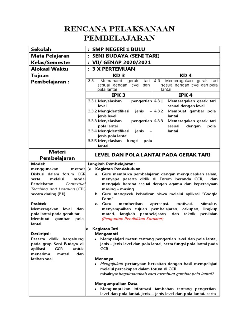 5. RPP Seni Tari Memahami Gerak Tari berdasar Level dan Pola lantai | PDF