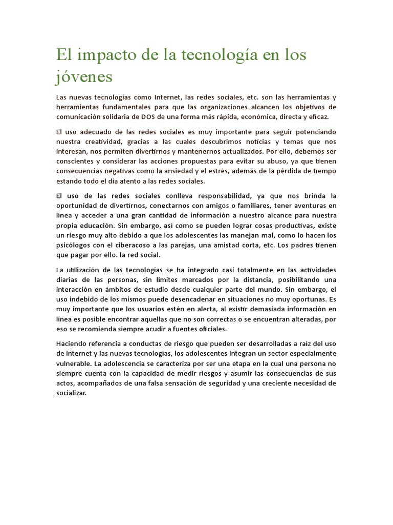 El Impacto de La Tecnología en Los Jóvenes | PDF