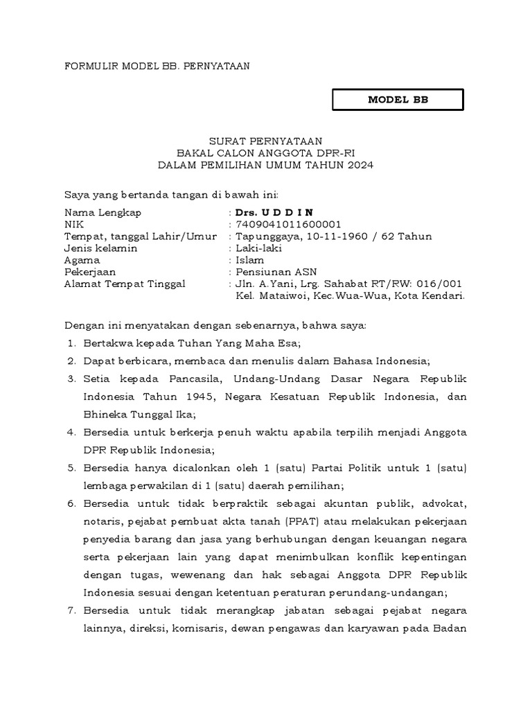 Formulir Model BB Pendaftaran DPR 2024 | PDF | Hukum