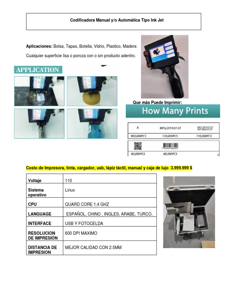 Codificadora Ink Jet Manual y Automatica Pistola | PDF