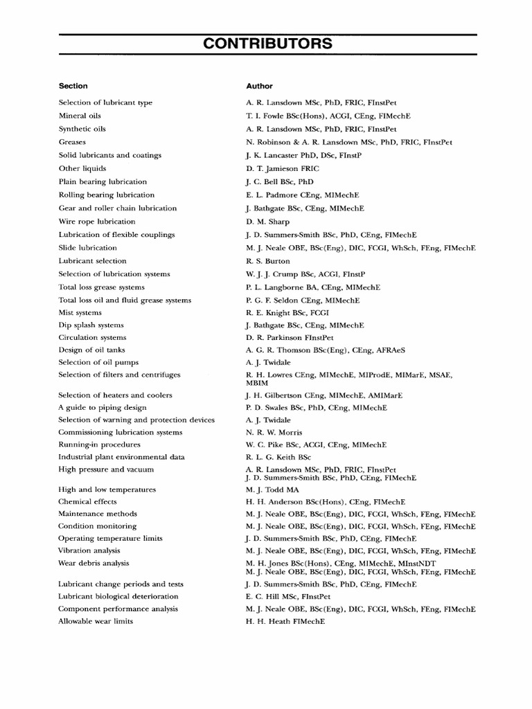 Contributors - 2001 - Lubrication and Reliability Handbook | PDF ...