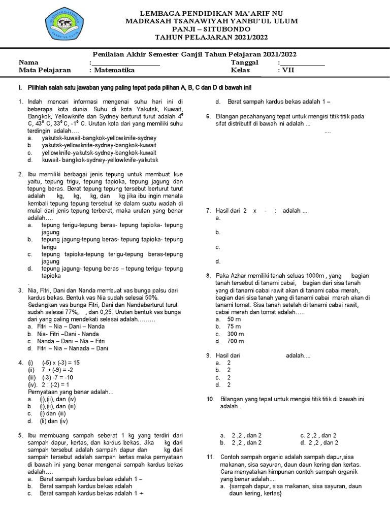 Soal Matematika Kelas 7 | PDF