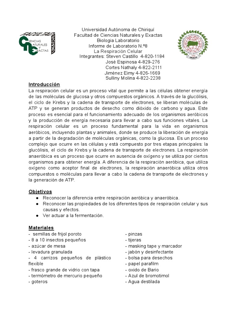 Informe #8 de Biología | PDF | Trifosfato de adenosina | Respiración celular