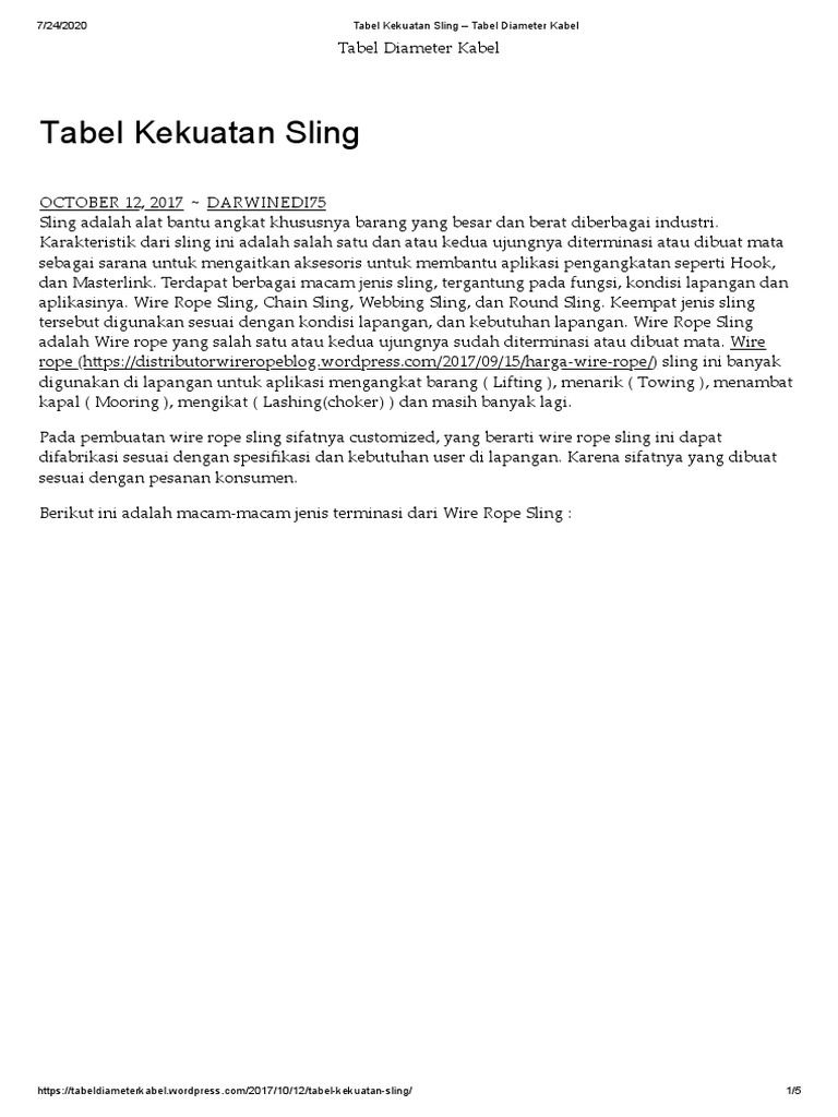 Tabel Kekuatan Sling - Tabel Diameter Kabel | PDF