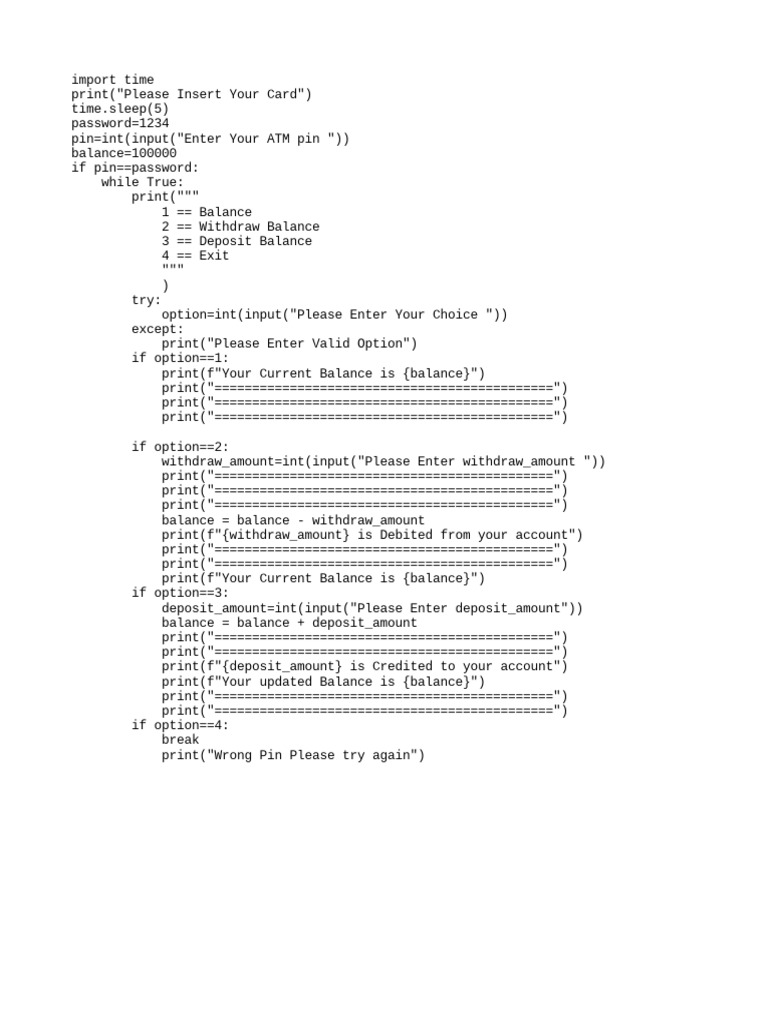Simple ATM Program in Python | PDF