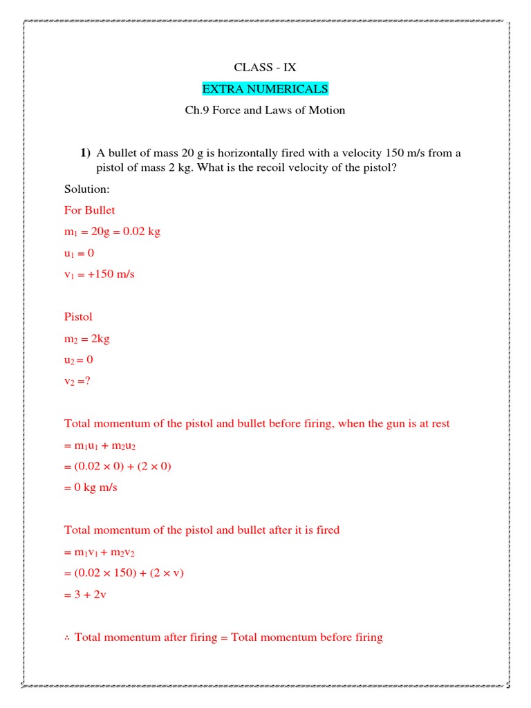Class 9 Motion Numericals and Solutions | PDF | Force | Metrology