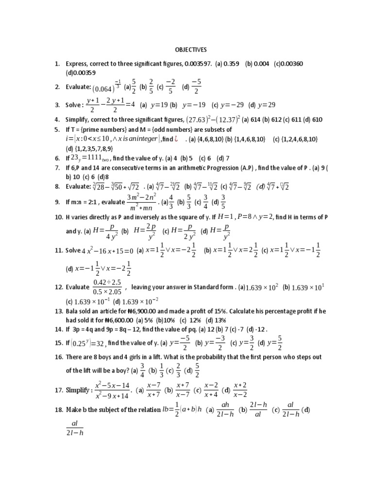 Mathematics Questions (Obj) | PDF | Square Root | Mathematics