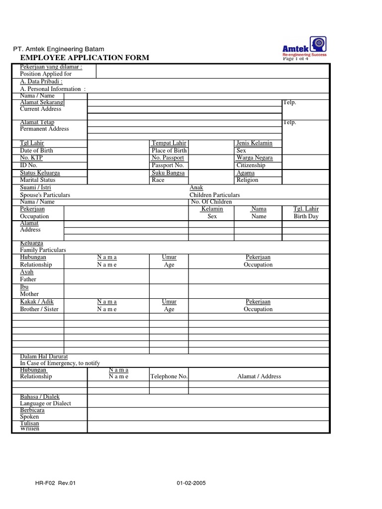 HR-F02, Emp Application Form Rev.01 | PDF