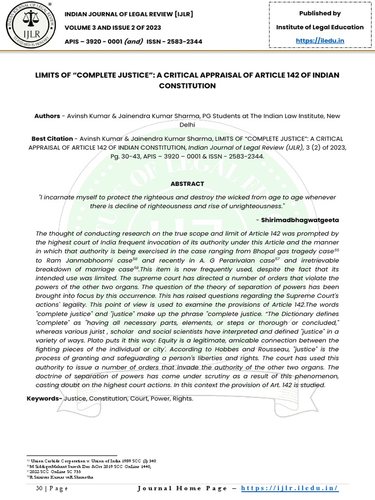 Limits of "Complete Justice": A Critical Appraisal of Article 142 of Indian Constitution | PDF ...