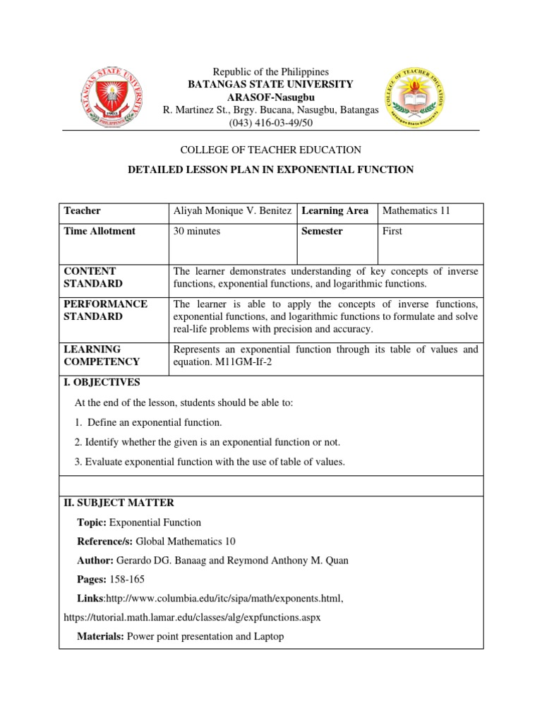 DLP in Exponential Function Benitez | PDF | Function (Mathematics) | Exponential Function