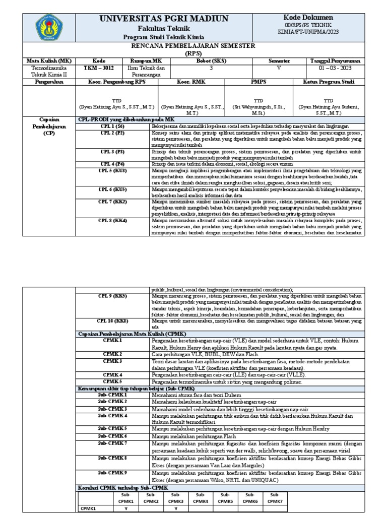 RPS Termodinamika Teknik Kimia 2023 | PDF | Komputer | Teknologi & Rekayasa