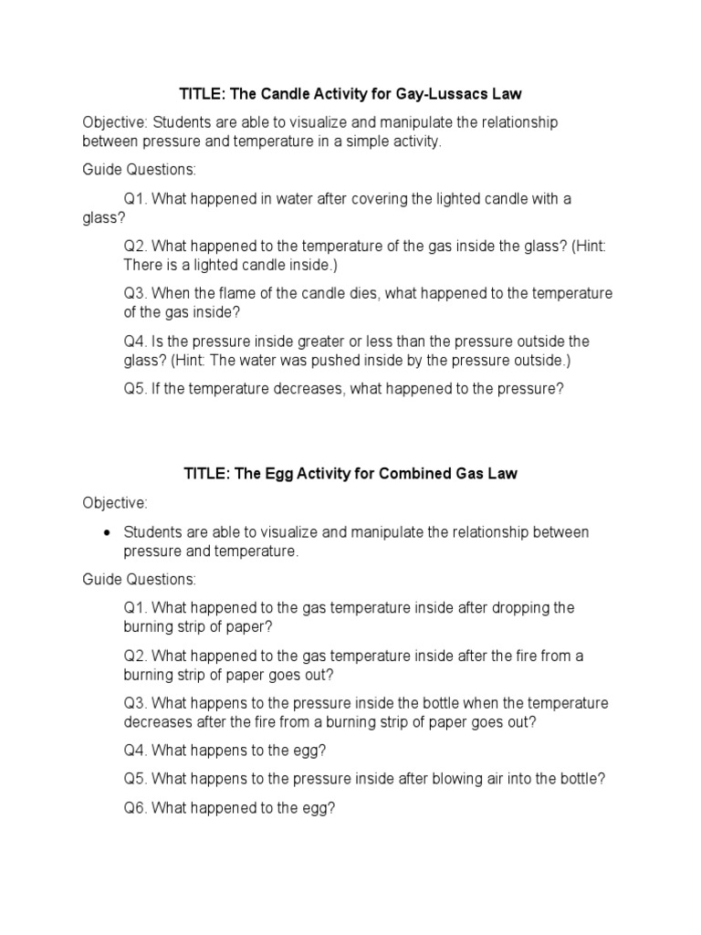 Gay-Lussac's Law Candle Activity | PDF