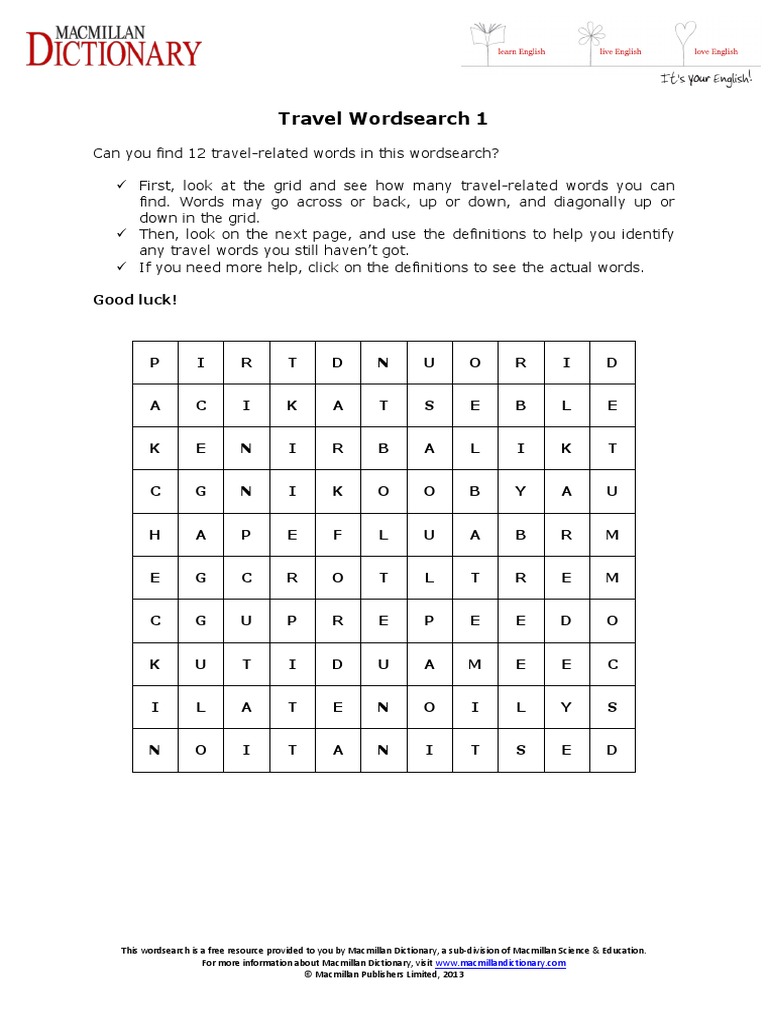 Travel Word Search 1 | PDF | Word Search