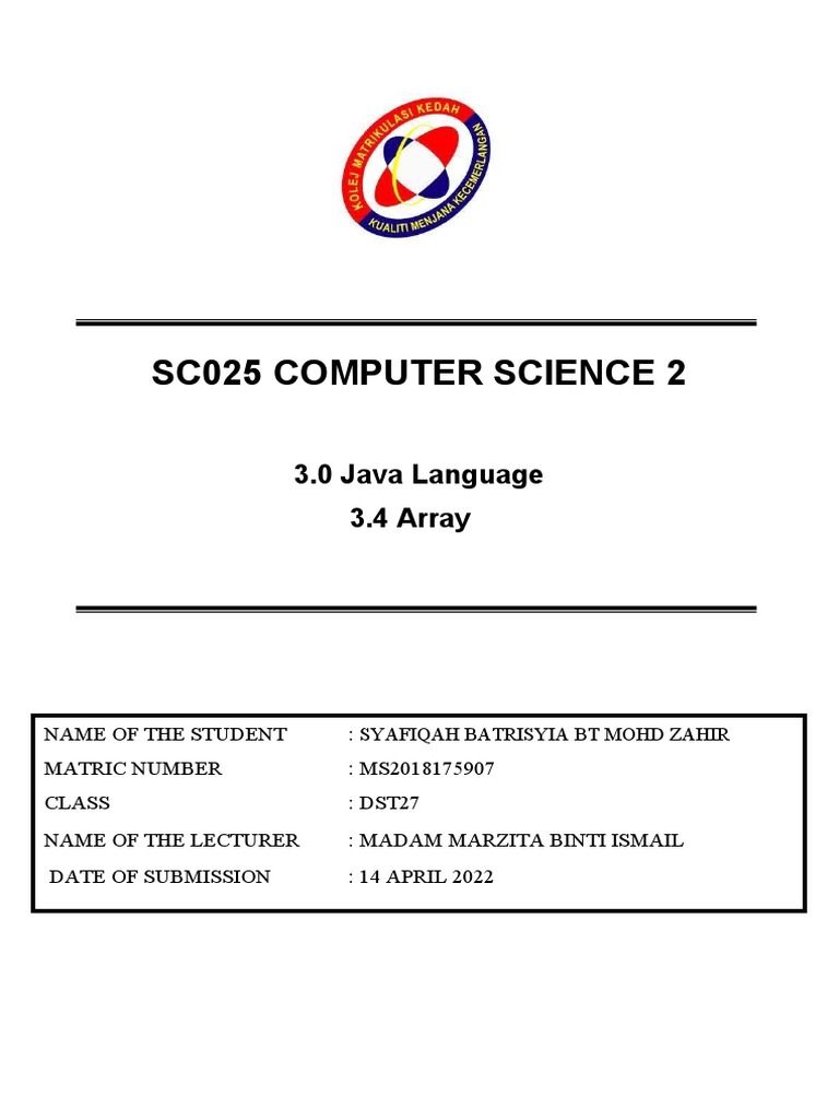 Assignment Array Syafiqah Batrisyia Pdf Computer Program