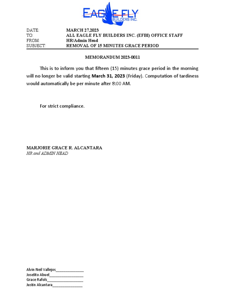 Memo 2023 0011 15mins Grace Period | PDF