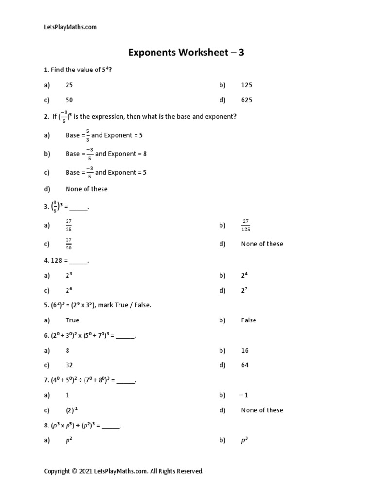 Class 7 Exponents Worksheet | PDF | Copyright Law