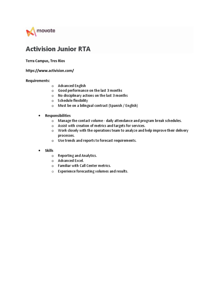 Activision Call Center RTA Position | PDF