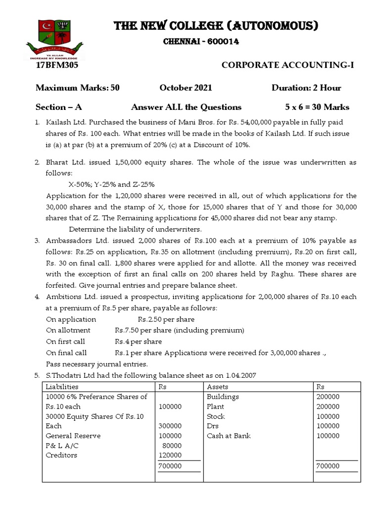 Dr AKL Corporate Oct21 CIA 2021 | PDF | Equity (Finance) | Balance Sheet