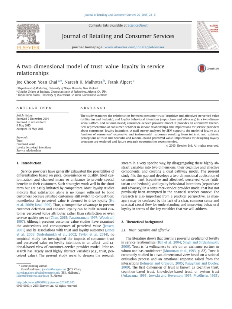 A Two-Dimensional Model of Trust-Value-Loyalty in Service Relationships | PDF | Survey ...