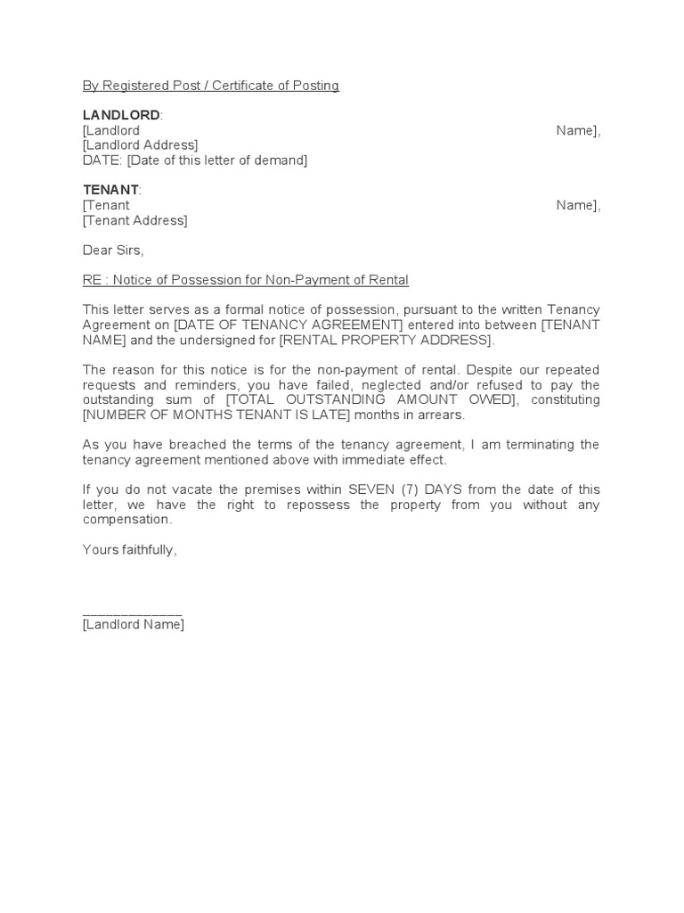 Possession Notice For Non-Payment of Rental | PDF