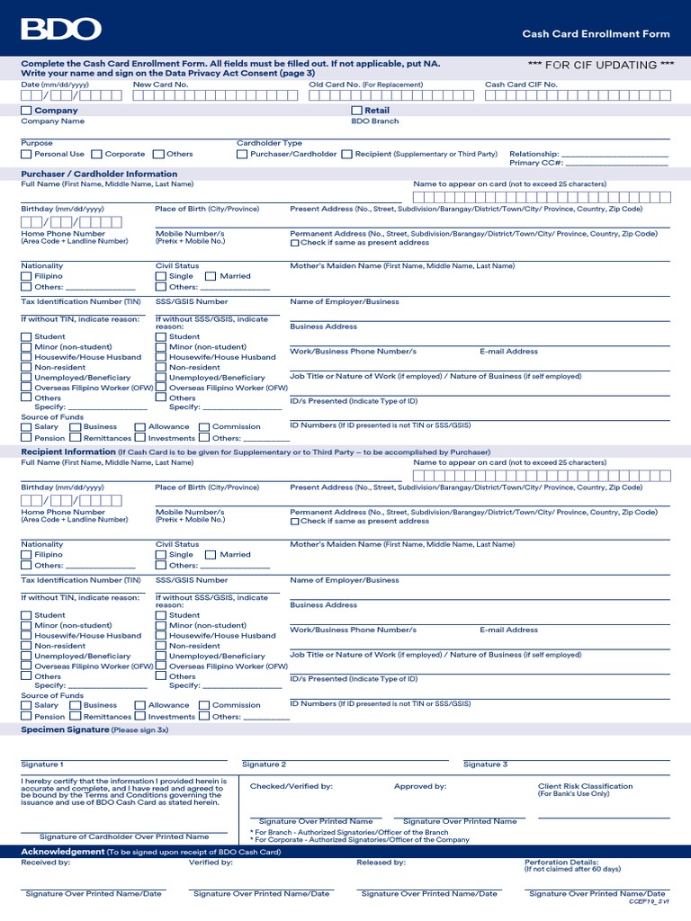 Cash Card Enrollment Form (CIF UPDATING) | PDF | Automated Teller ... Cash Card Enrollment Form (CIF UPDATING) | PDF | Automated Teller ...