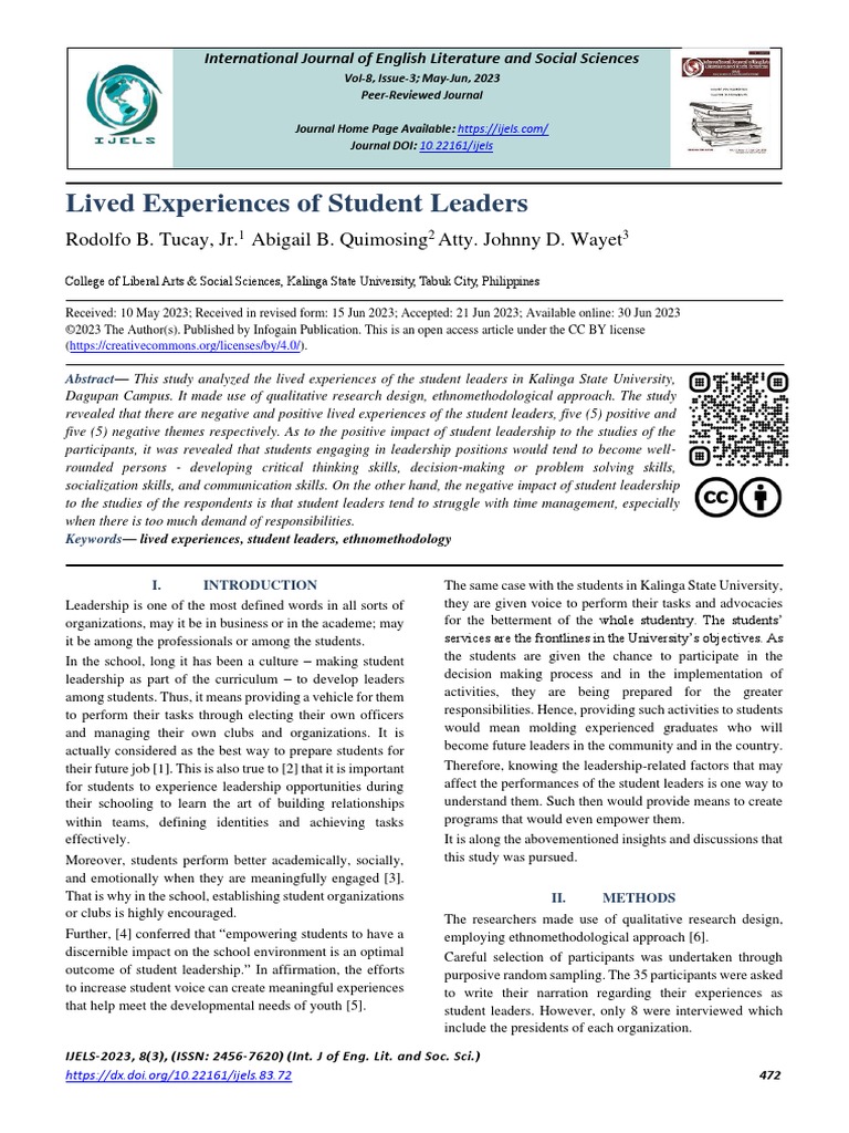 Lived Experiences of Student Leaders | PDF | Leadership | Experience