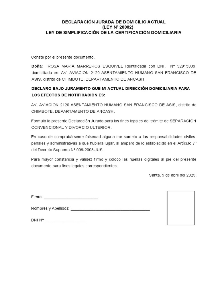 Declaración Jurada de Domicilio Actual | PDF