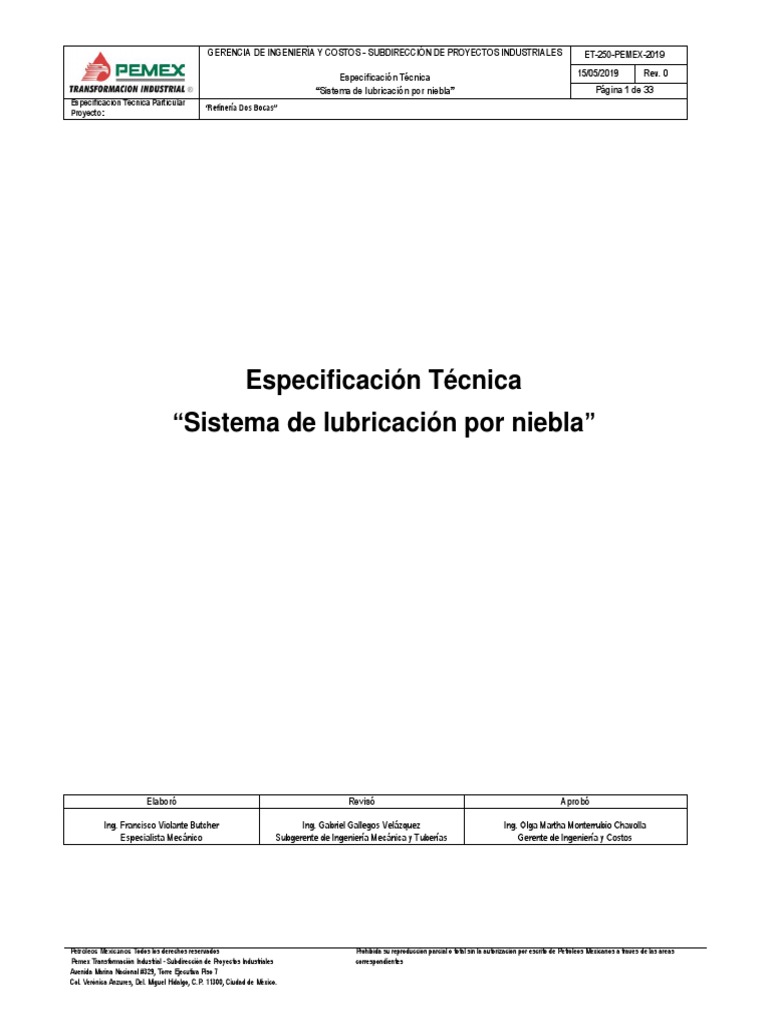 Et-250-Pemex-2019 Sistemas de Lubricación Por Niebla | PDF | Rodamiento (Mecánico) | Lubricante