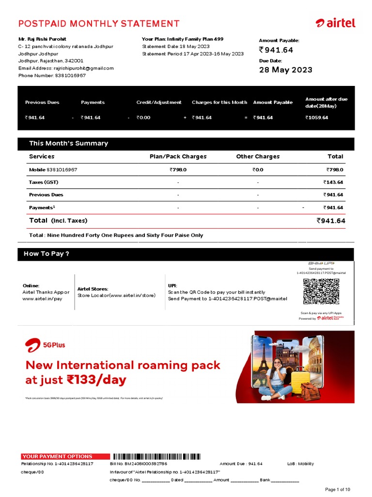 Airtel Bill | Download Free PDF | Credit Card | Payments